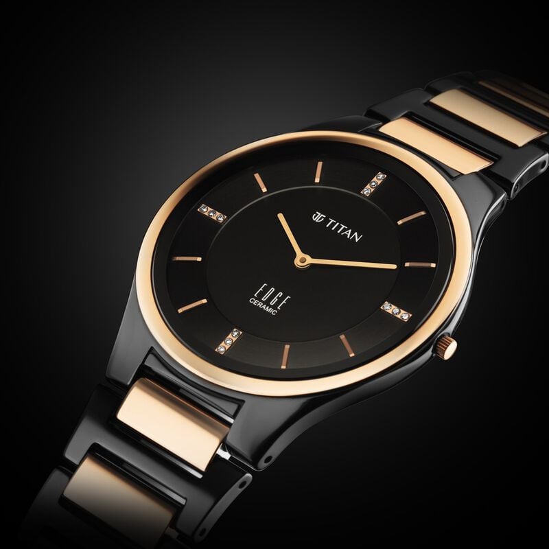 Titan Edge Ceramic Dress with Diamonds Quartz Analog Black Dial Cerami