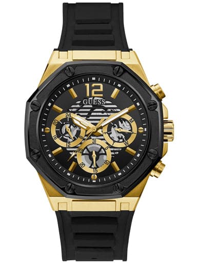 Guess Gold Tone Case Black Silicone Watch