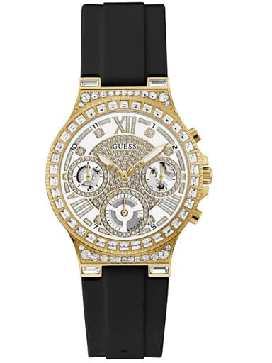 Guess Gold Tone Case Black Silicone Watch