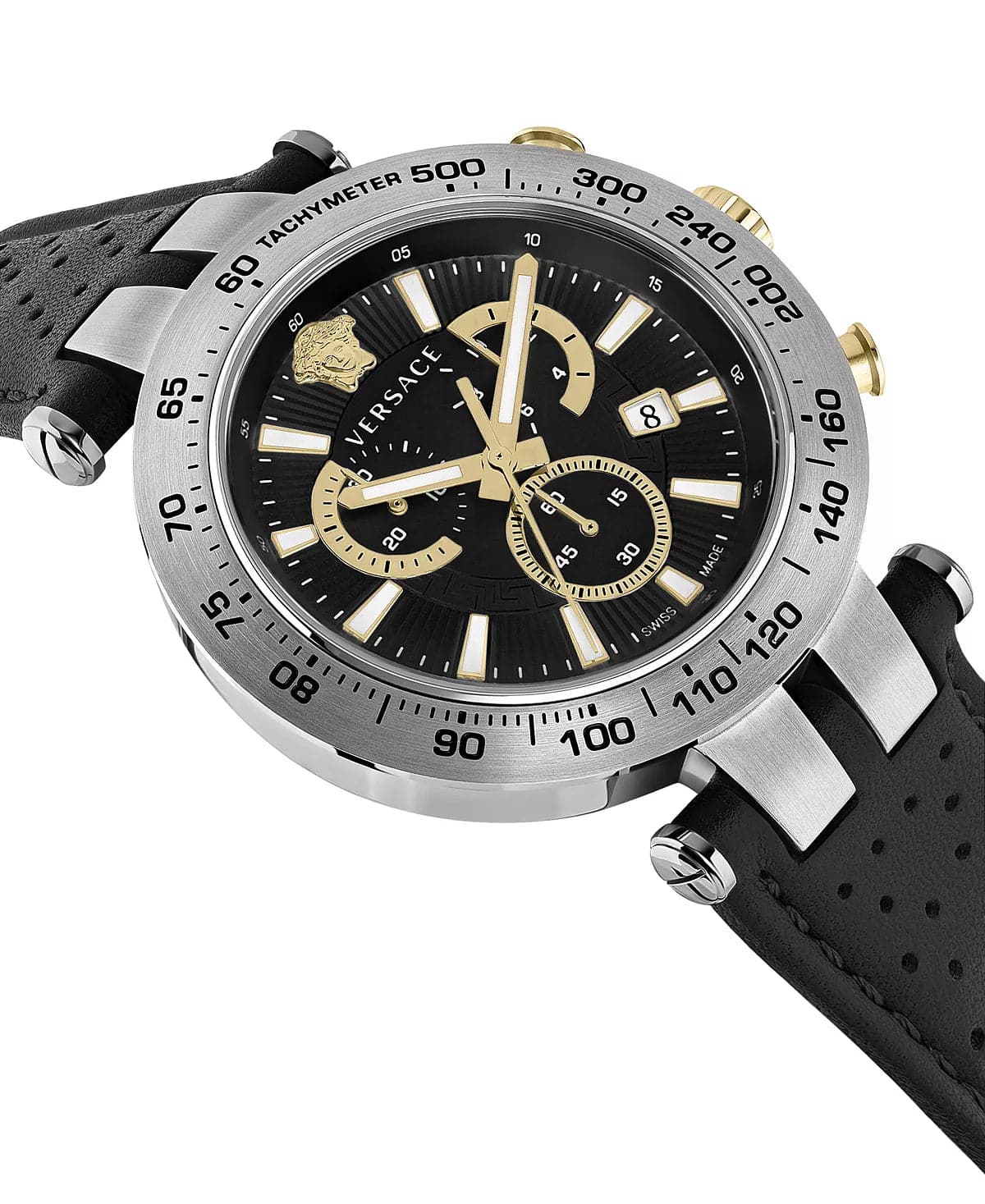 VERSACE Men's Swiss Chronograph Bold Black Perforated Leather Strap Wa