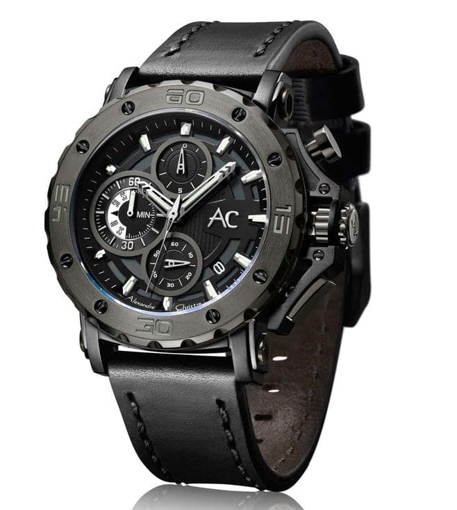 Alexandre Christie Mens 47 mm Chronograph Black Dial Leather Analogue