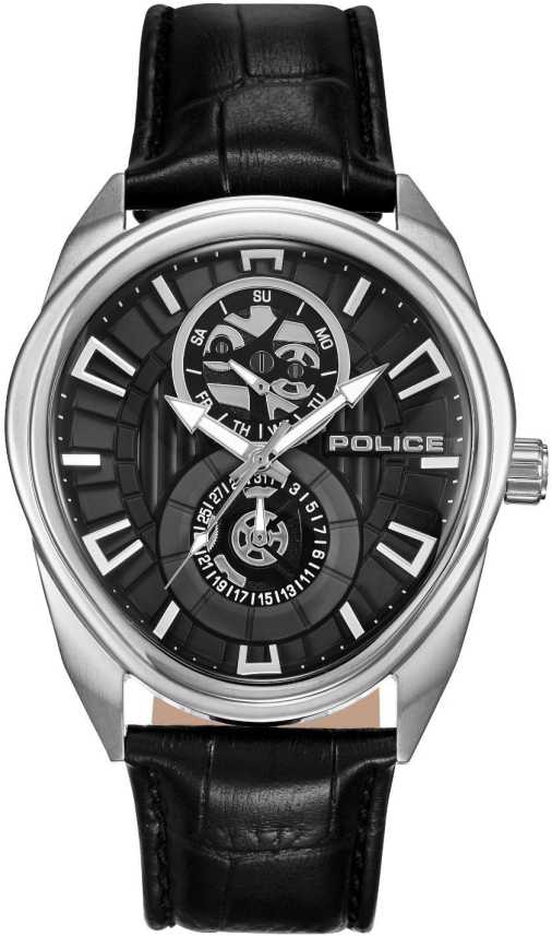 Police Black Dial Black Leather Strap Watch
